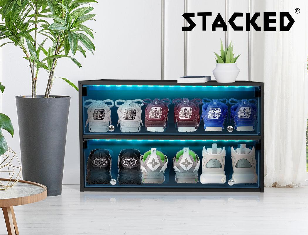Stacked LED Shoes Storage Cabinet Sneaker Display Case Stackable Rack ...